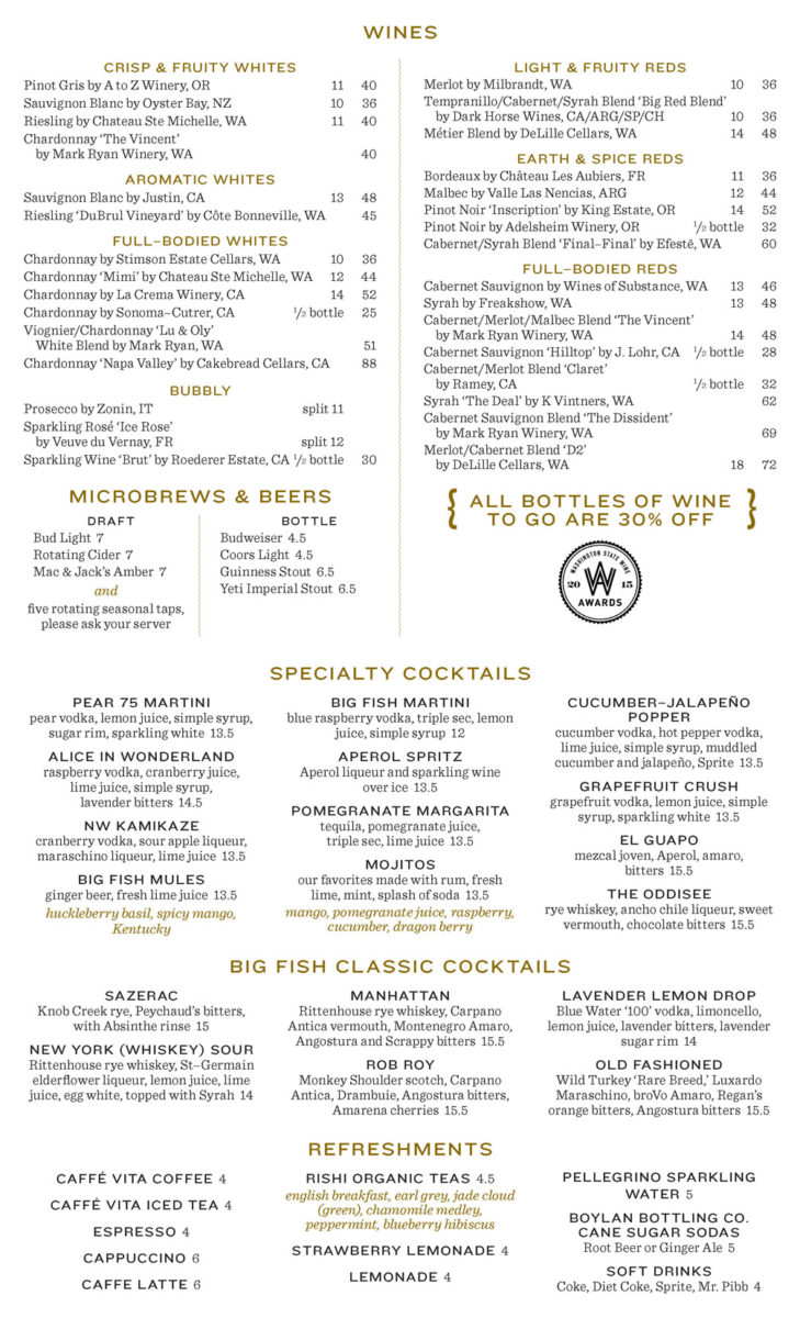 Woodinville Menu | Big Fish Grill